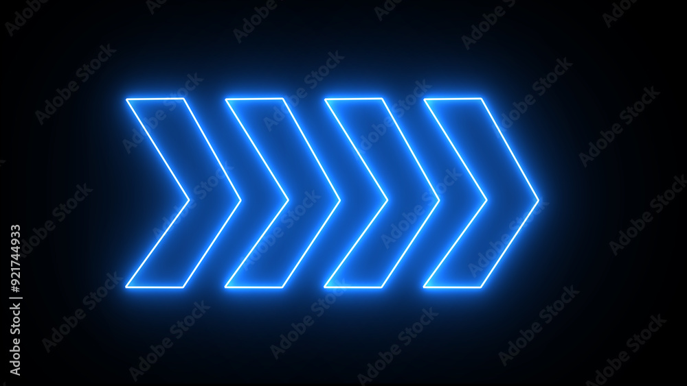 Right arrow for road direction. Glowing blue neon light traffic ...