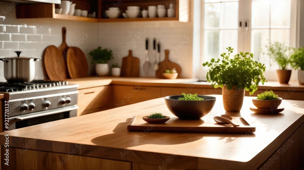 Platform podium in a beautiful kitchen. Realistic mock-up for product ...