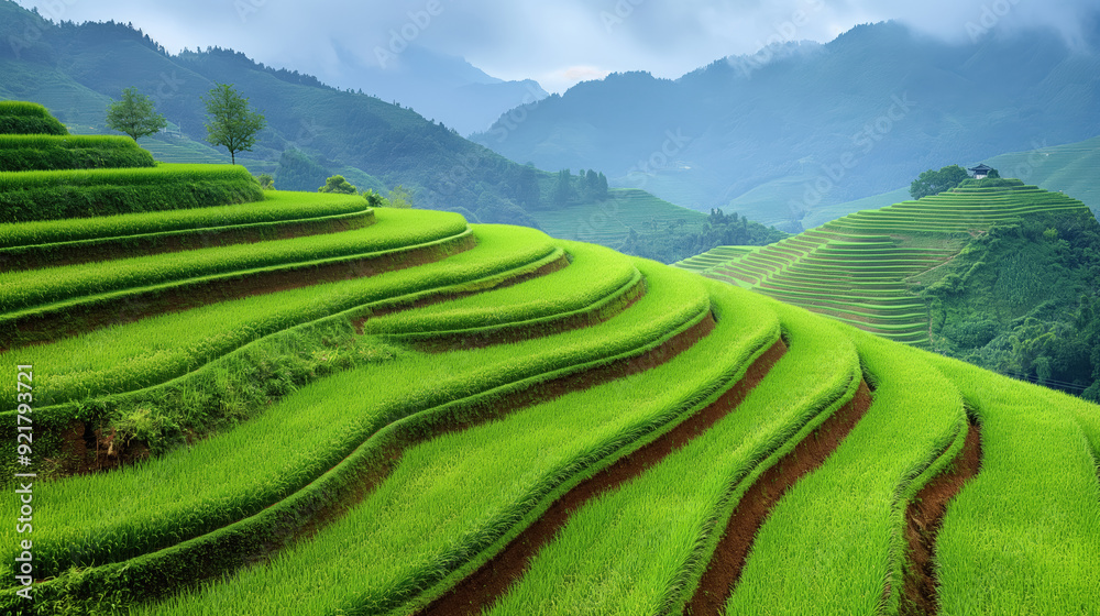 Lush green terraced rice fields stretching across rolling hills with a ...