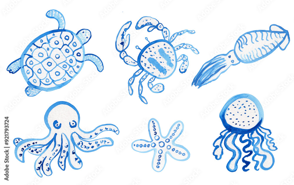 Sea creatures watercolor illustration set. Hand drawn turtle and ...