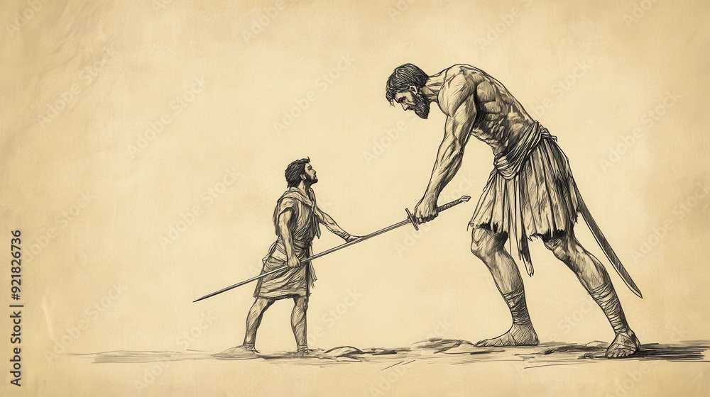 Biblical Illustration of 1 Samuel: David and Goliath, David Stands Over Goliath, Uses Goliath's ...