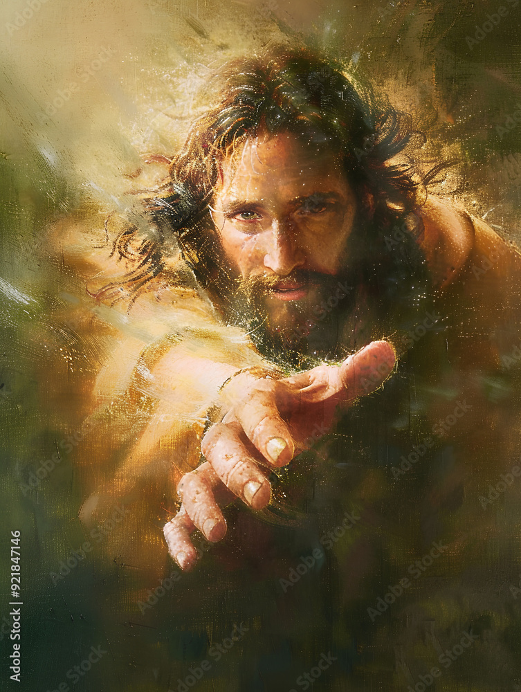 Jesus Christ reaching hand of salvation Stock Illustration | Adobe Stock