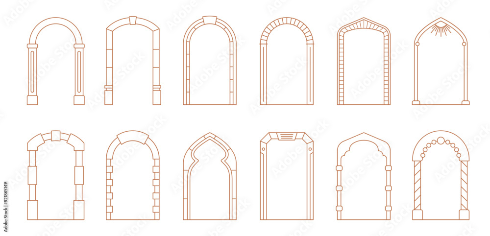 Art deco arch windows, door frames with vector line ornaments and boho ...