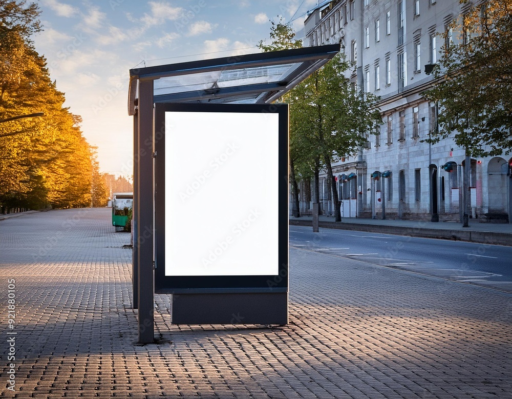 A mockup of a bus stop advertising kiosk. Public Transport Stop with ...