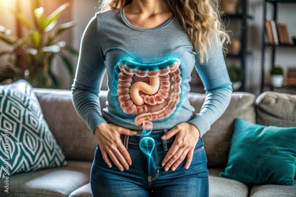 Woman suffering from abdominal pain with small and large intestines ...