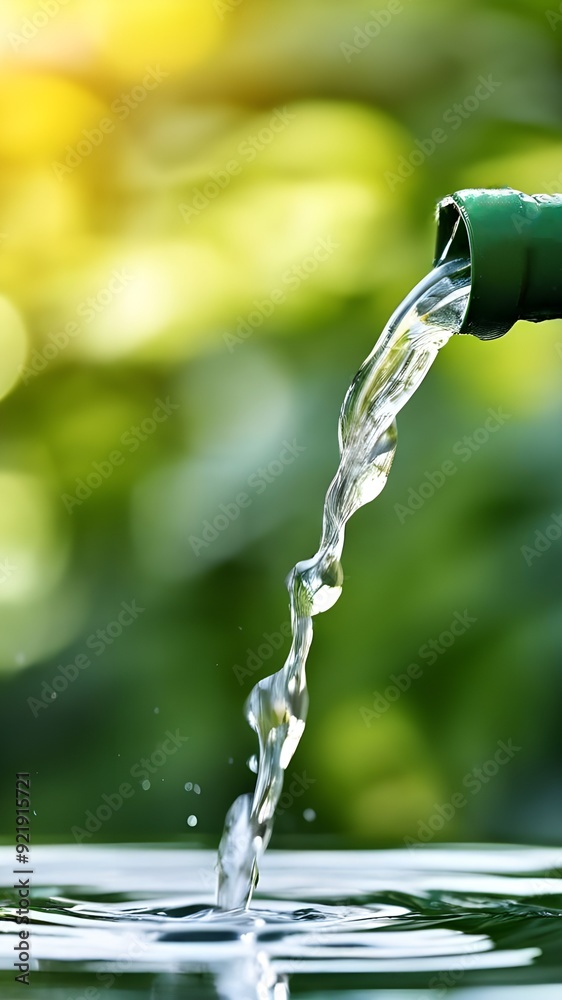 Water pouring from a faucet pipe into a pond with soft ripple effect ...