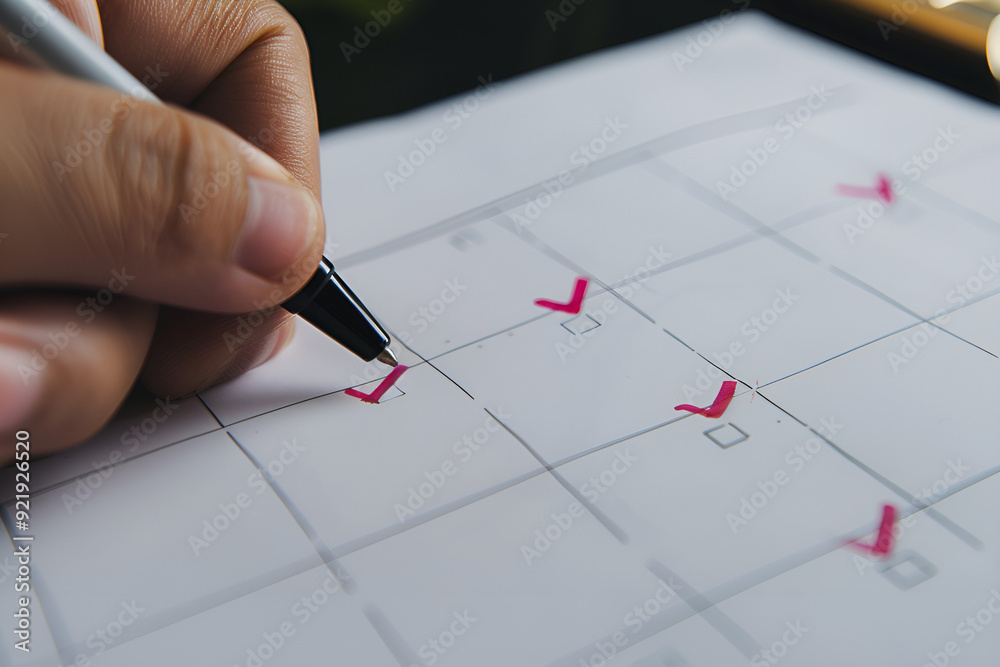 Close-up of a hand holding a pen and check mark on a calendar with ...