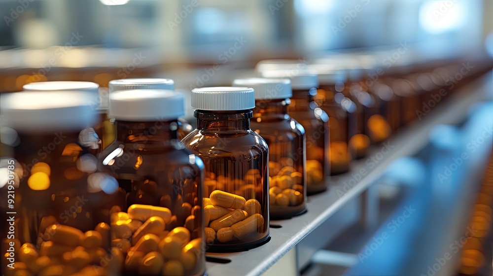 Rows of amber medicine bottles lined up in a pristine pharmaceutical ...