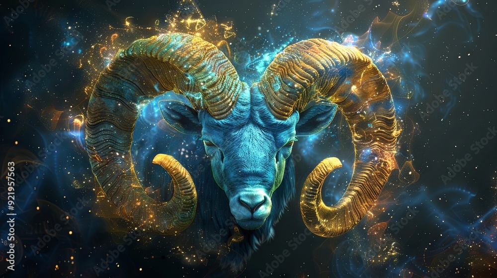 Digital image of the Aries symbol adorned with stars on a black ...