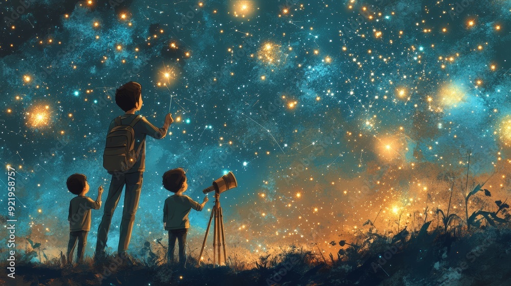 Children stargazing with telescope at night under a glowing star-filled ...