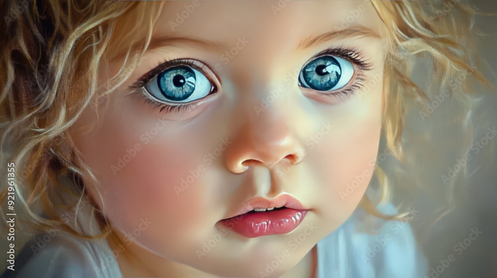 Close-up portrait of a young child with big expressive blue eyes, hyper ...