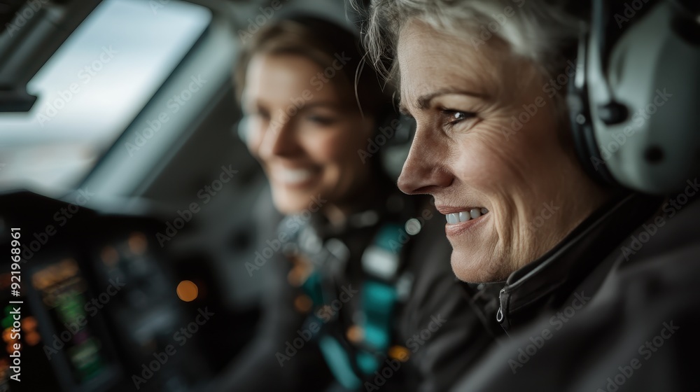 Two female pilots, both seen focusing on operating aircraft controls in ...