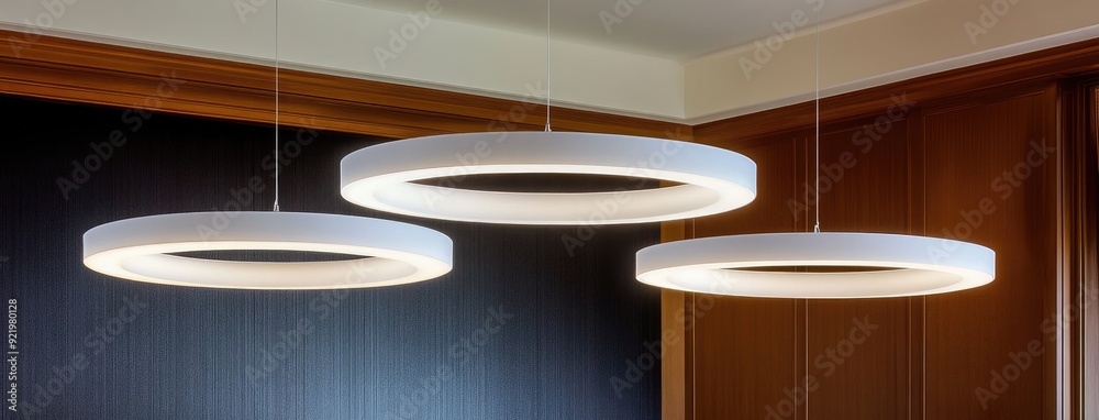 Elegant trio of circular ring lights suspended from the ceiling ...