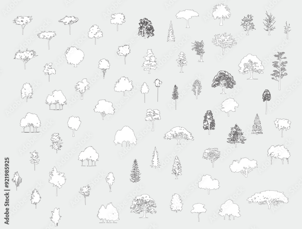 Minimal style cad tree line drawing, Side view, set of graphics trees ...