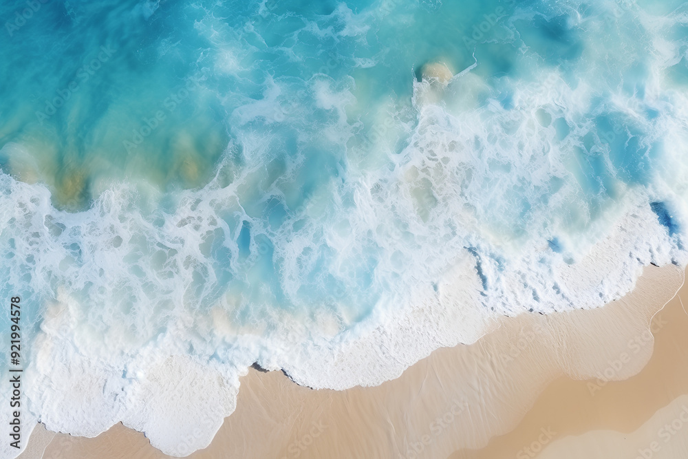 Ocean beach aerial top down view with blue water, waves with foam and ...
