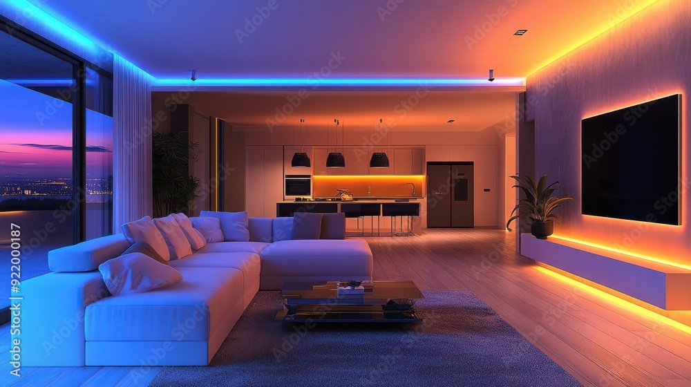 Modern Living Room with Dynamic Smart Lighting System Adjusting Colors ...