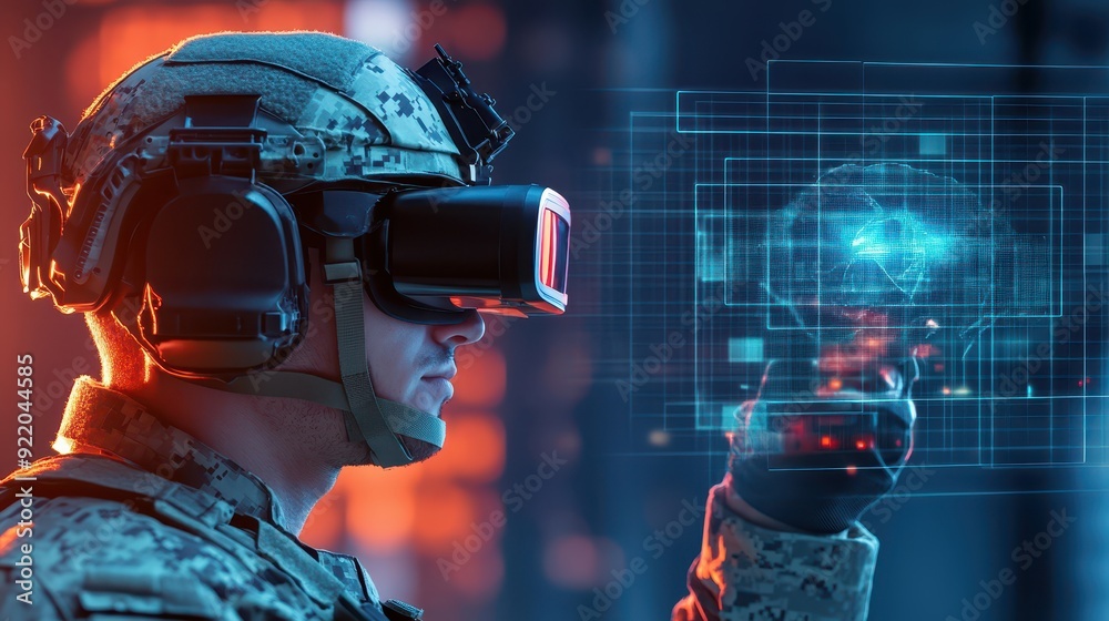 Augmented reality headset displaying enemy positions on a soldiers view ...