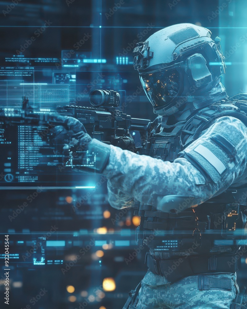 Cyber soldier in tactical gear, interface displaying realtime ...