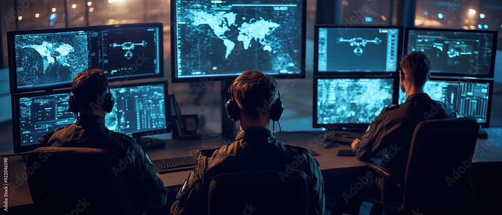 Digital command center with multiscreen displays, officers monitoring realtime drone feeds ...