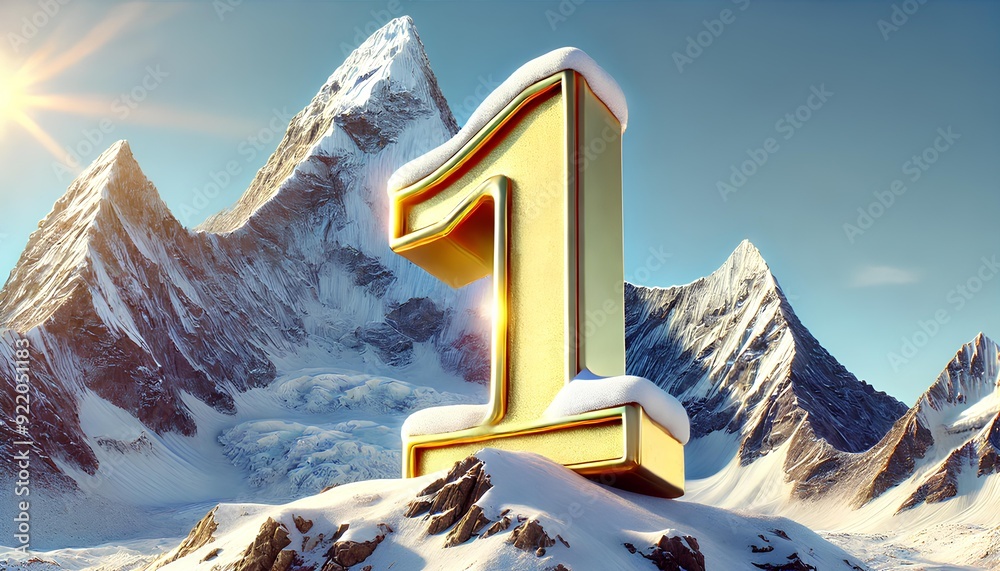 Golden number 1 with snow, placed on Ama Dablam's peak under a clear ...