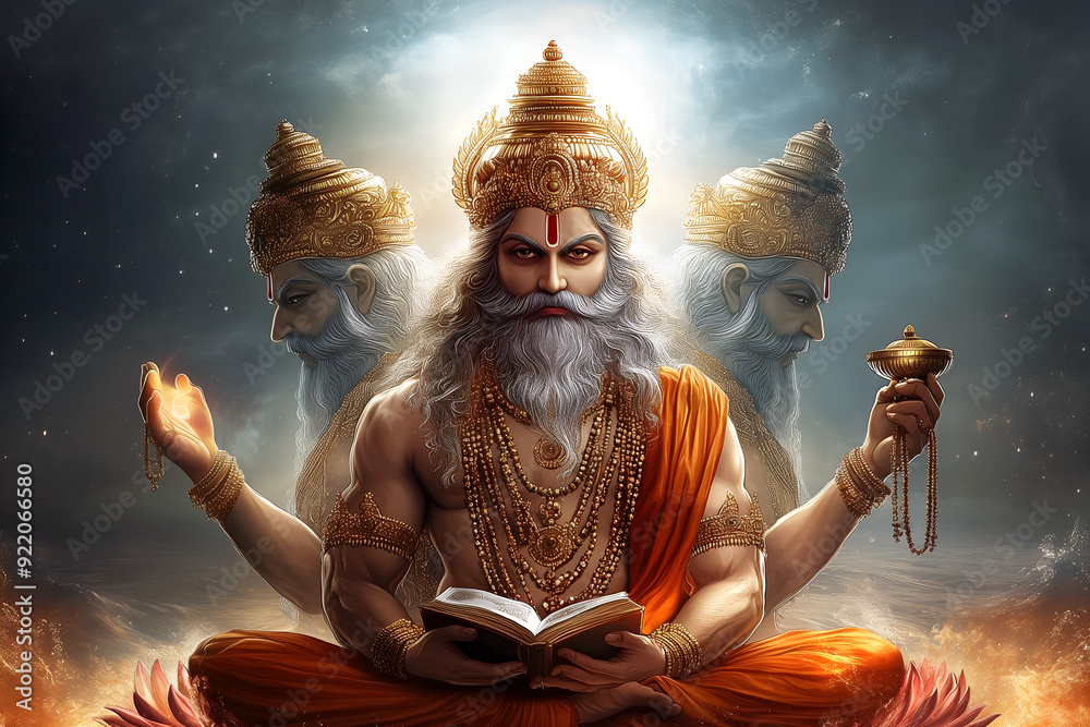 Lord Brahma, Hindu god of creation, with three faces, exuding an aura ...