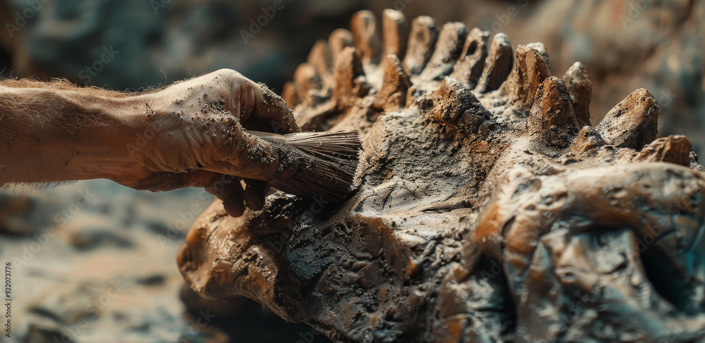 A paleontologist carefully brushes away dirt from a dinosaur fossil ...