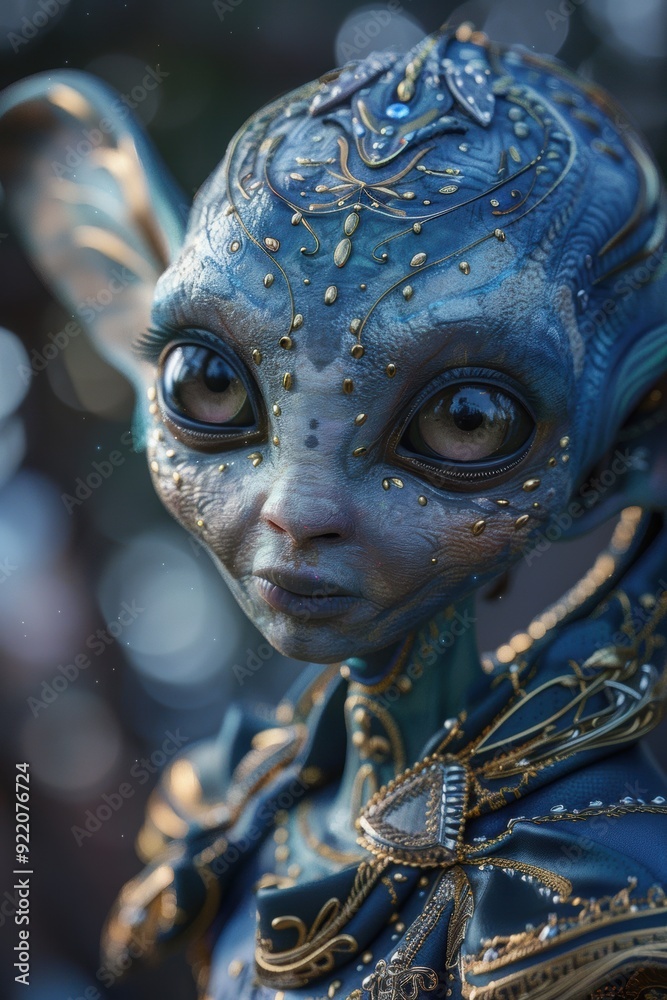 Close up of an alien girl in an ornate blue and gold costume, with big ...