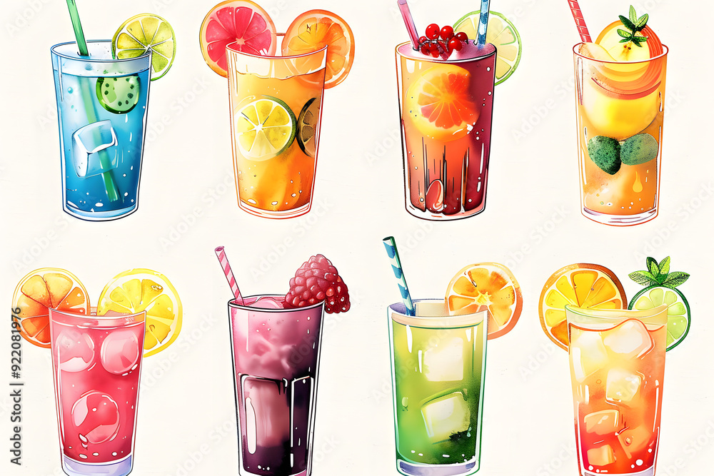 various mocktail fruit juice summer refreshing drink watercolor cartoon ...