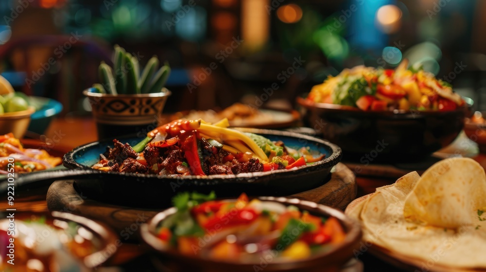 Colorful Mexican cuisine in a buffet style setting, featuring tortilla ...