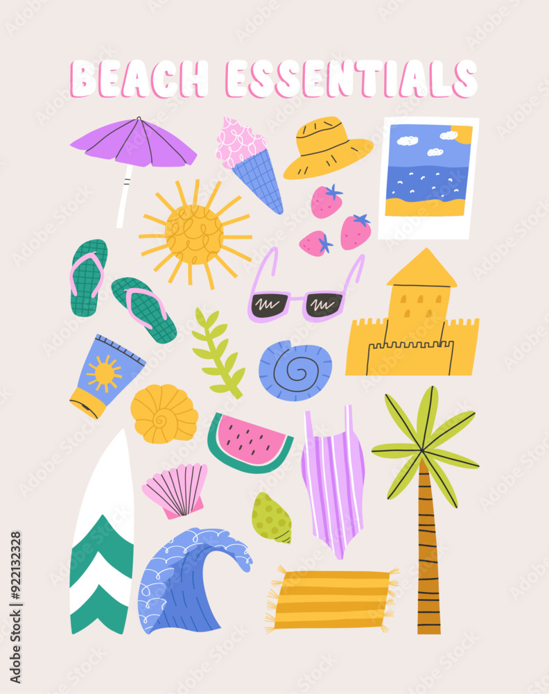 Beach essentials, cartoon flat vector illustration on beige background ...