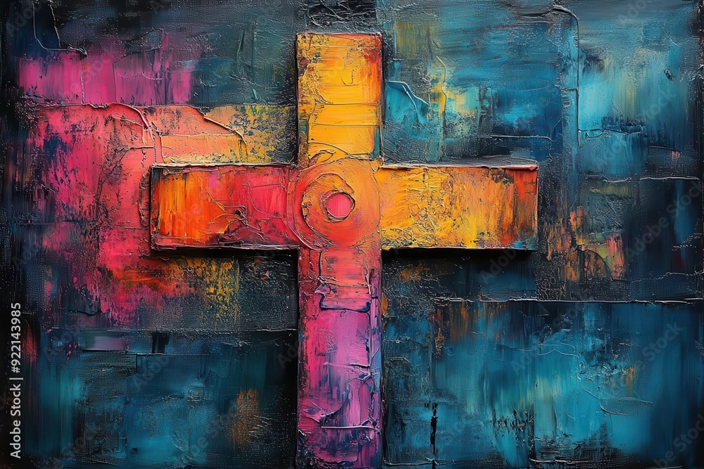 abstract painting features vibrant cross motif amidst swirling colors ...
