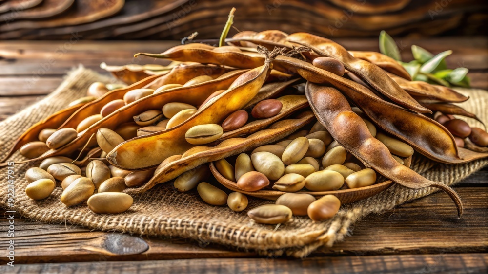 Heap of dried fava beans in their pods, beige and brown in color, with ...