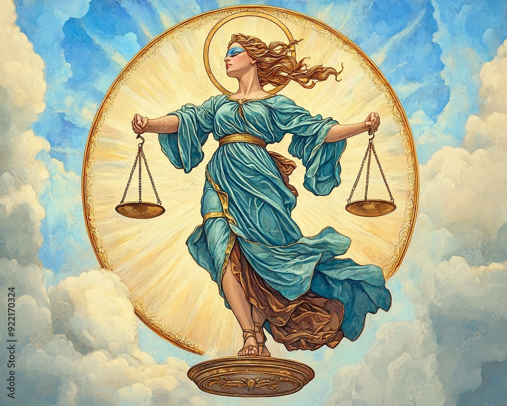 Lady Justice with a radiant halo, scales in hand balanced perfectly ...