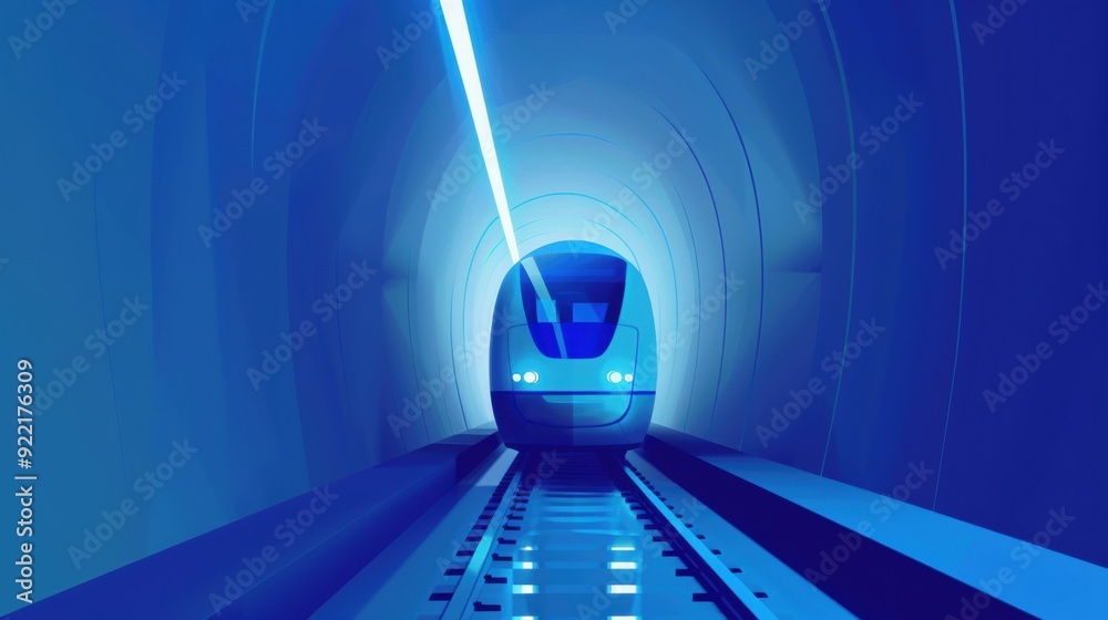 A dynamic illustration of a blue subway train passing through a tunnel ...
