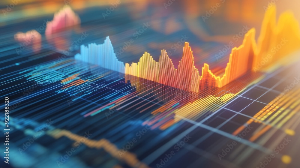 A detailed shot of a 3D surface graph with color gradients and data ...