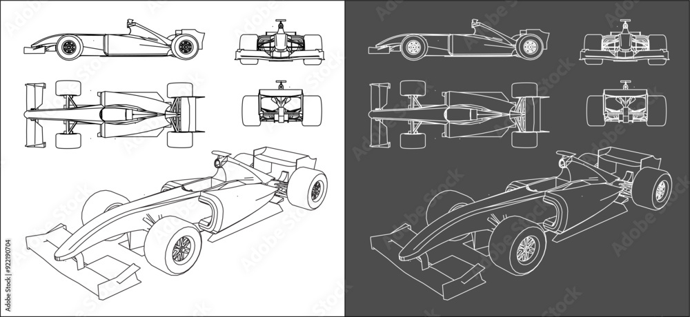 Vector de Stock set of formula 1 car. F1 line art draw blueprint ...