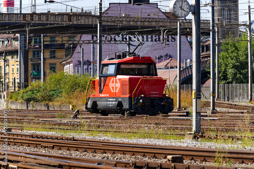 Red electric shunting locomotive of Swiss railway company SBB CFF FFS ...