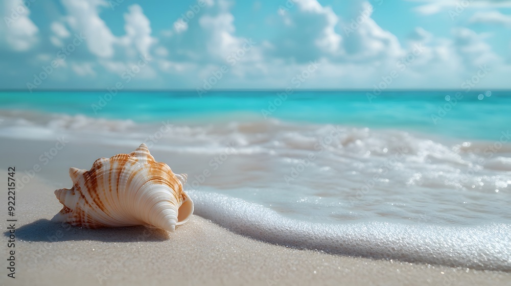 White seashell on sandy beach, turquoise ocean background, clear blue ...