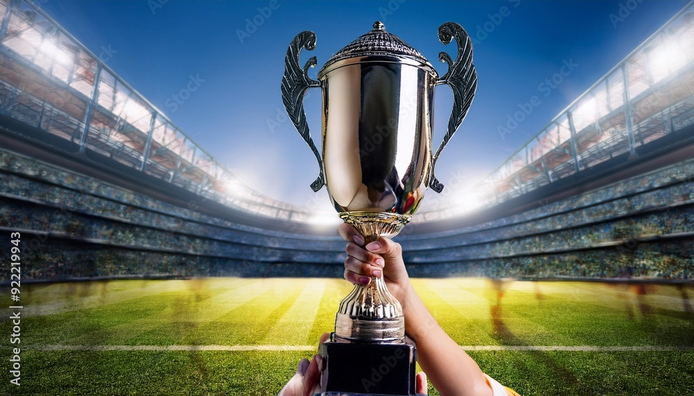Champion silver trophy for runner up winner with sport player hands in ...