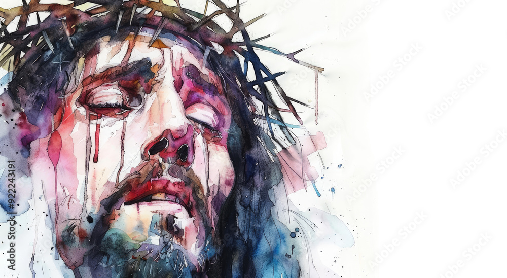 Jesus' face with crown of thorns, eyes closed in tears, watercolor ...