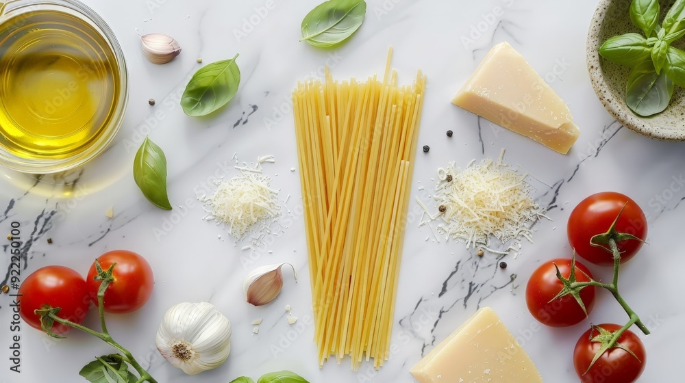 Italian cooking essentials such as raw spaghetti, vine tomatoes, garlic ...