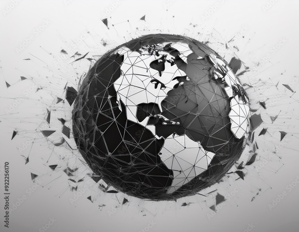 Abstract black plexus structure on sphere earth cracking and exploding ...