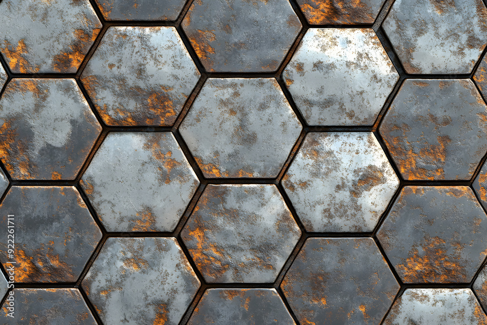 weathered hexagonal metal tiles showing signs of rust and aging ...