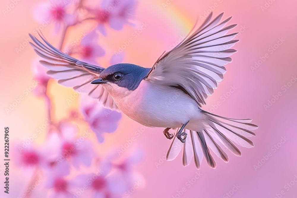 A startled bird, mid-flight, reacting to a rainbow appearing in front ...