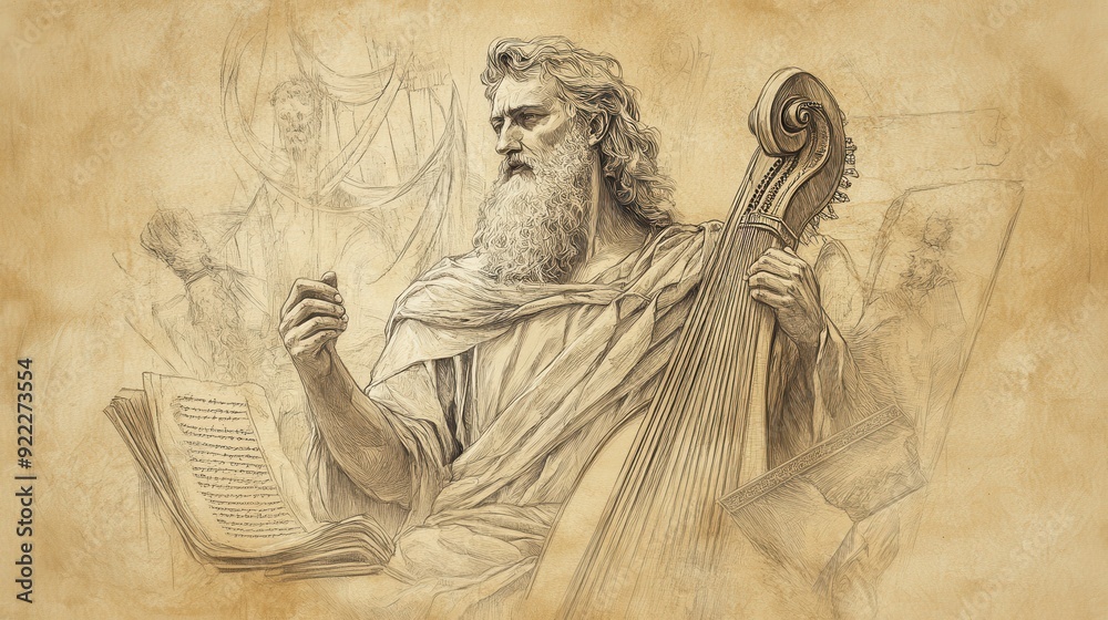 Biblical Illustration: David surrounded by the symbols of his kingship ...