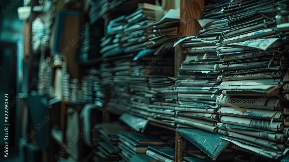 A cluttered archive filled with stacked files and old documents ...