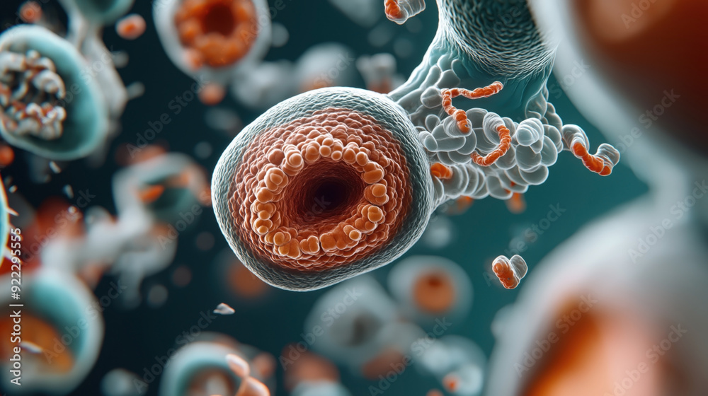 Close-up view of microbiological cells with complex structure under a ...