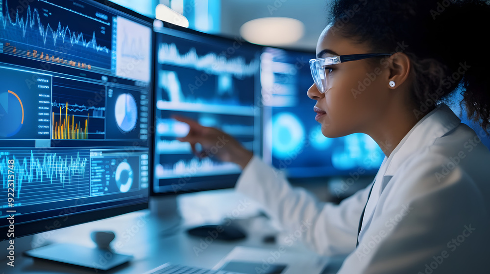 Clinical researcher analyzing statistical data on multiple screens ...