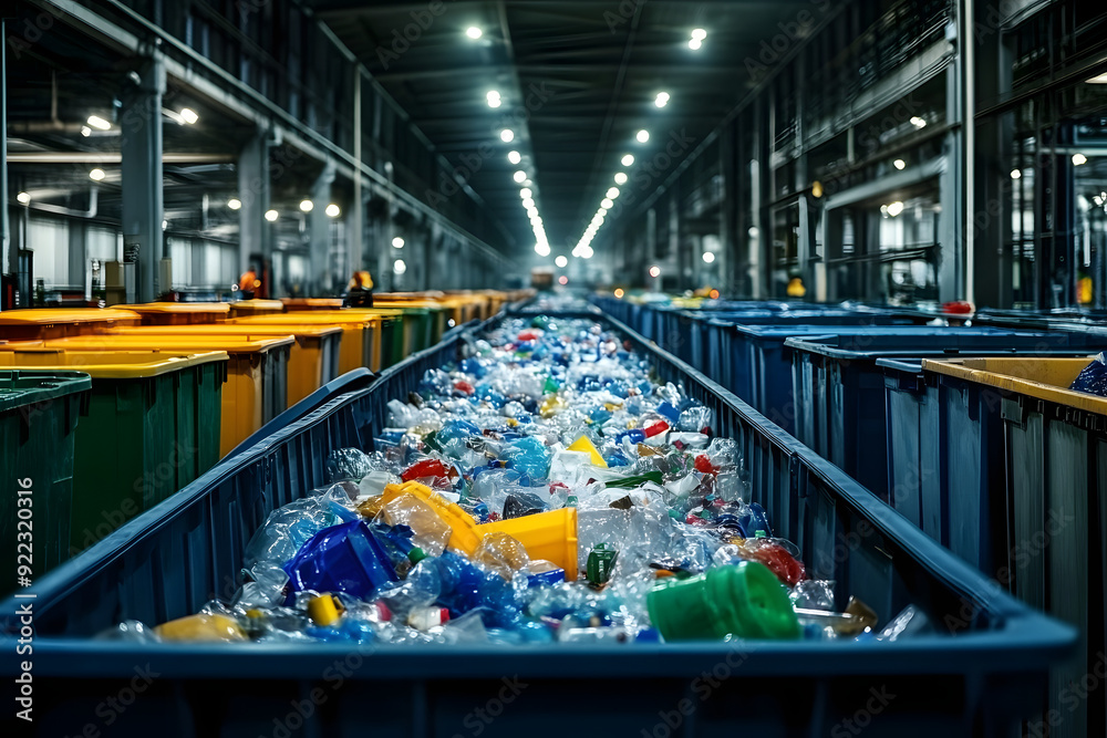 Rows of bins filled with various recycled plastics in a large recycling ...