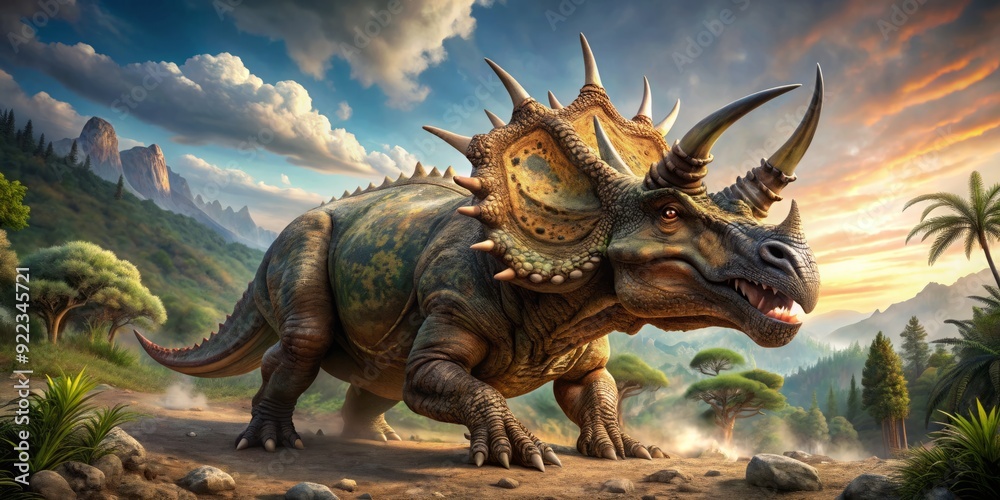 Fearsome Triceratops with intricately textured scaly skin and razor ...